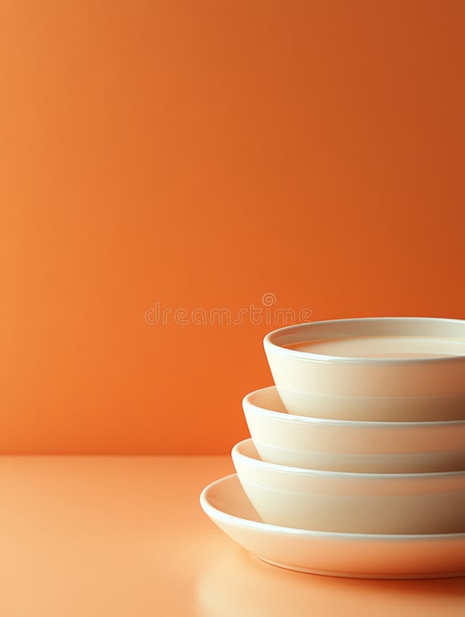 Stack of White Ceramic Plates on Orange Background. Stock Image - Image ...