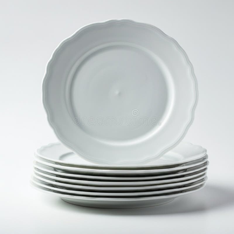A Stack of White Ceramic Plates with a Scalloped Edge on a White ...