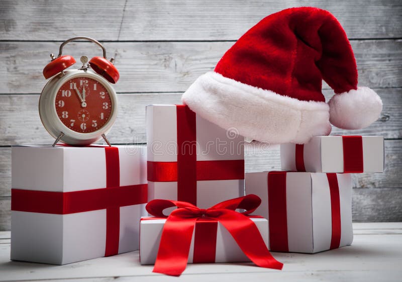 Stack of White Christmas Presents, with Santa Claus Hat Stock Image ...