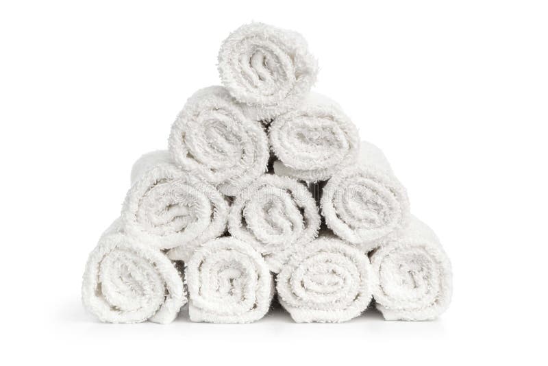 Stack of White Clean Towels Rolled Up on White Background Stock Photo ...