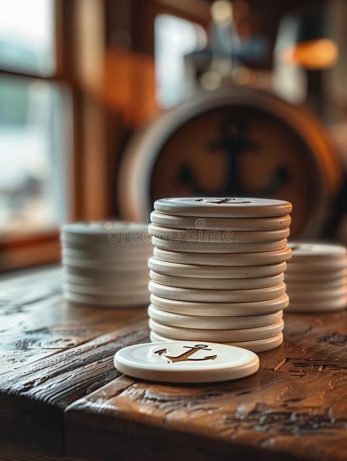 Stack of White Coasters with Anchor Symbol on a Wooden Table. Stock ...