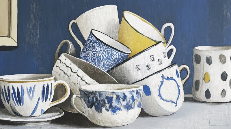 A Stack of White Cups Featuring Colorful Geometric Patterns Stock Image ...