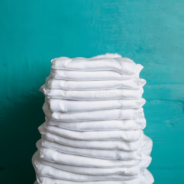 Stack of White Diapers Against Bright Turquoise Backdrop, Symbolizing ...