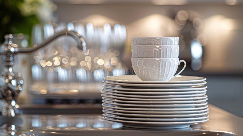 Stack of White Dishes on Kitchen Counter. Stock Image - Image of ...