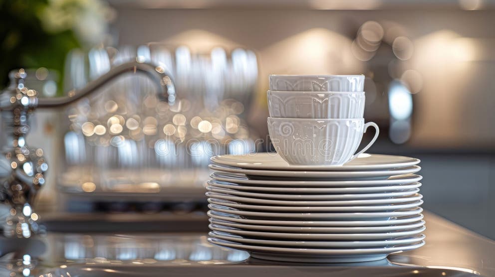 Stack of White Dishes on Kitchen Counter. Stock Image - Image of ...