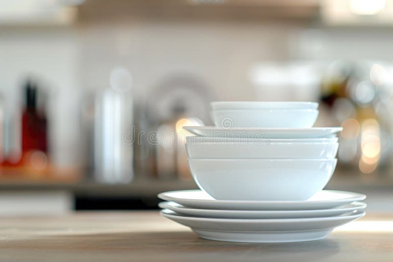 A Stack of White Dishes Placed on Top of a Kitchen Counter Stock Photo ...