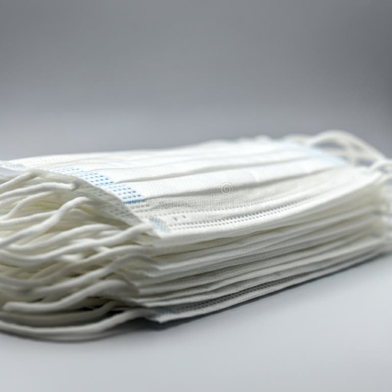 A Stack of White Disposable Face Masks with Ear Loops, Neatly Arranged ...