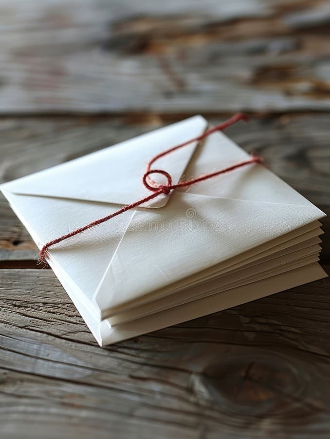 A Stack of White Envelopes Tied with a Brown String on a Wooden Table ...