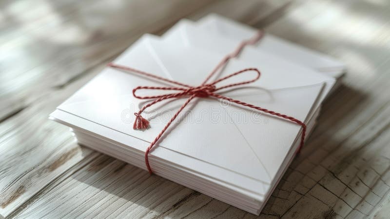 Stack White Envelopes Tied Red String Wooden Surface Stock Photos ...