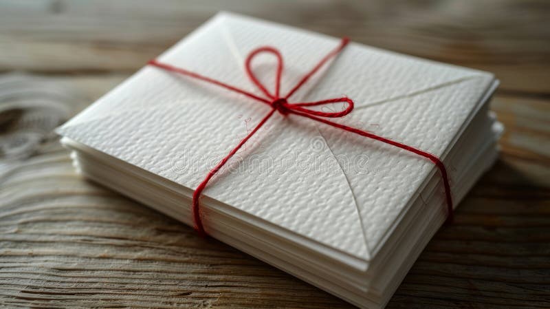 Stack of White Envelopes Tied with Red String on Wooden Table. Stock ...