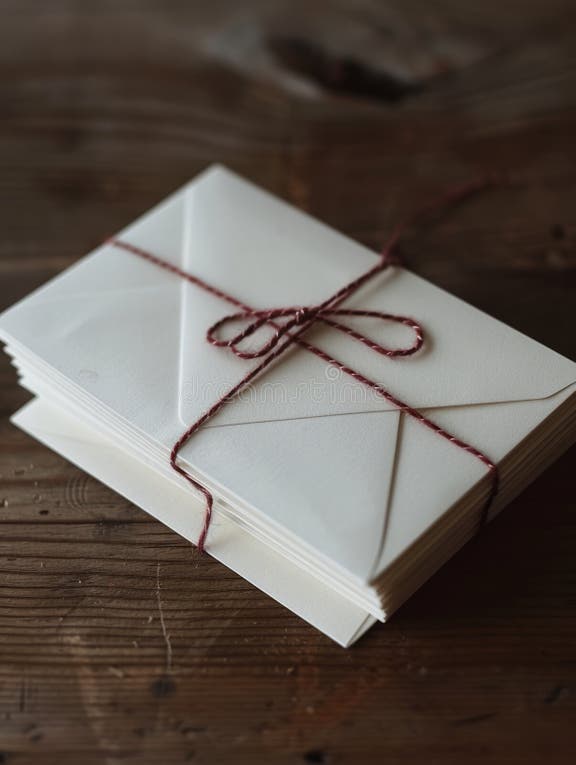 Stack of White Envelopes Tied with a Red String on a Wooden Table Stock ...