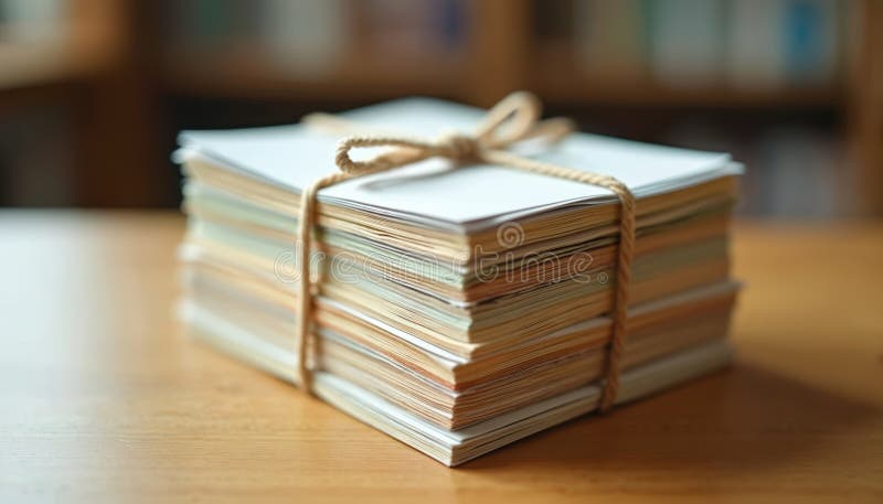 Stack of White Flashcards Tied with Rope on Desk. School Educational ...
