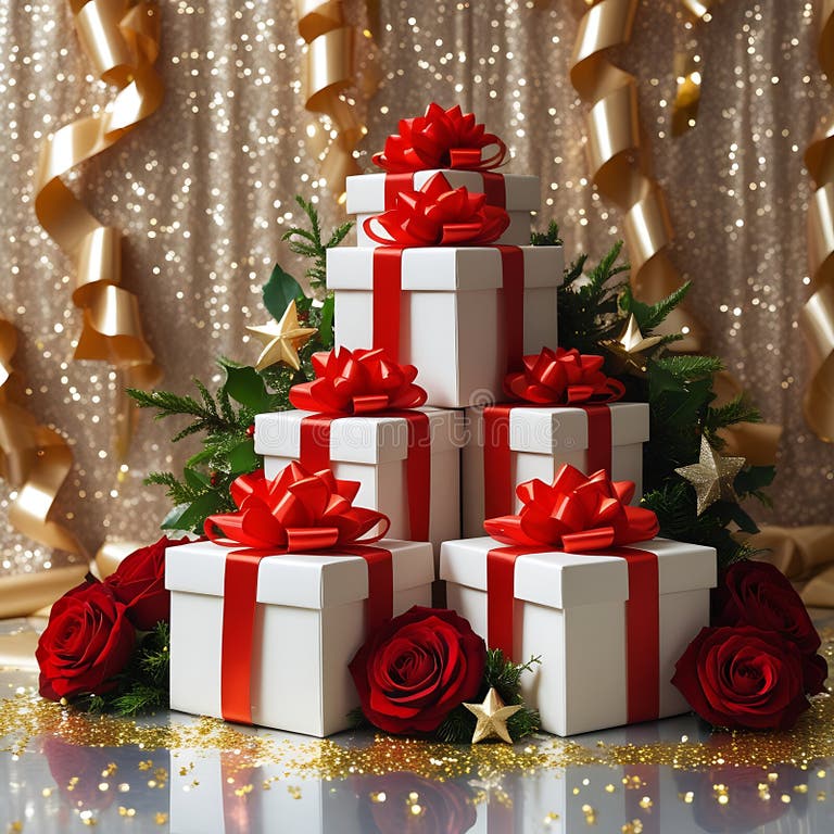 Stacked White Gift Boxes with Red Bows and Ribbons Surrounded by Roses ...