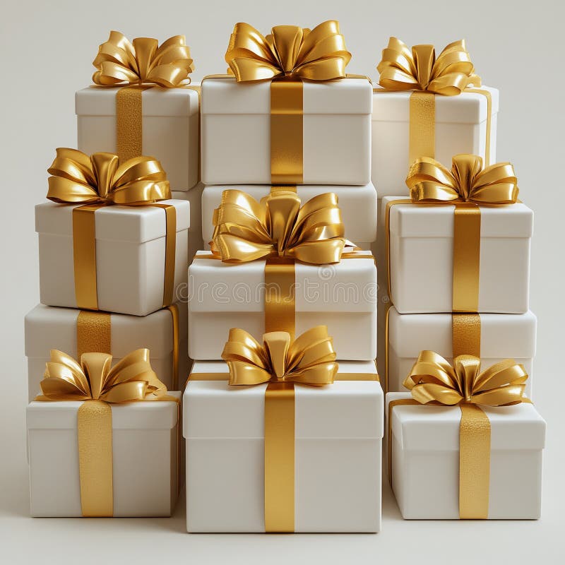 Stack of White Gift Boxes with Gold Ribbons Stock Illustration ...