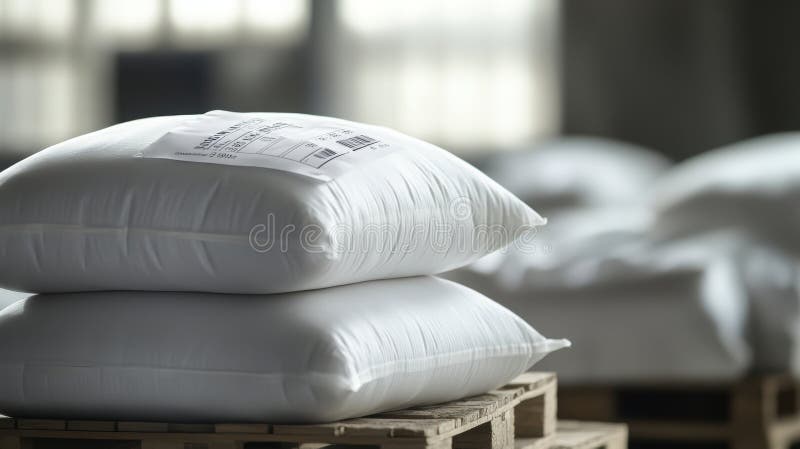 Stack of White Industrial Bags on Wooden Pallets in Warehouse Setting ...