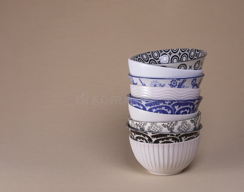 Stack of White Kitchen Soup Bowls with Blue and Black Geometric Designs ...