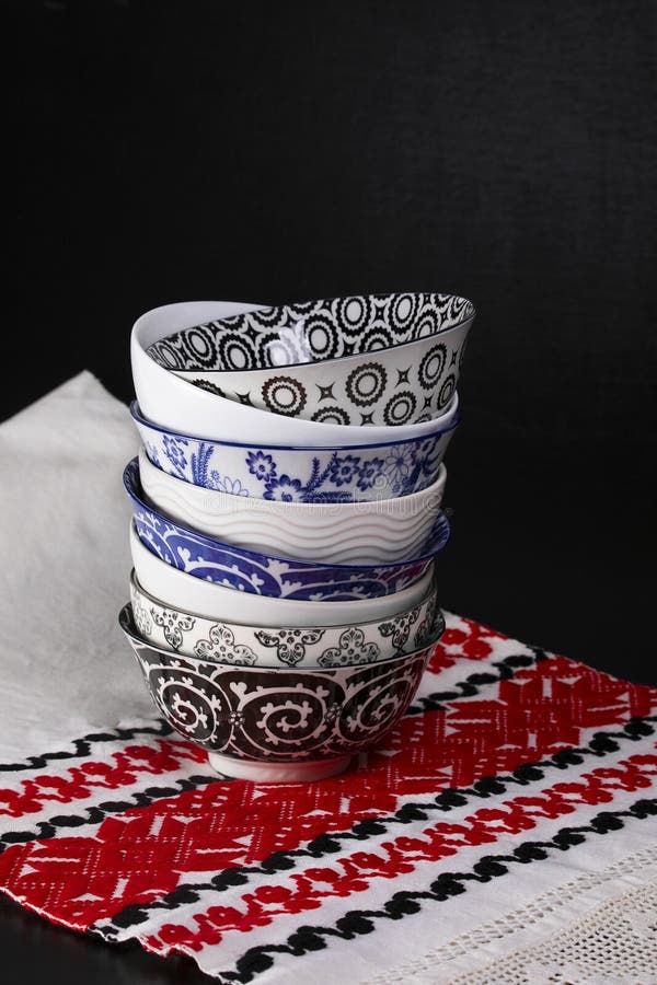 Stack of White Kitchen Soup Bowls with Blue and Black Geometric Designs ...