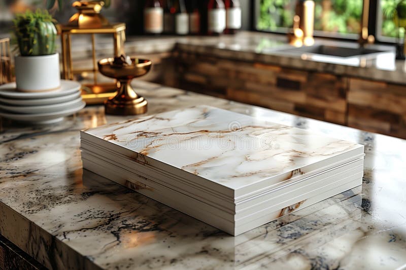 Stack of White Marble Tiles on a Kitchen Countertop Stock Photo - Image ...