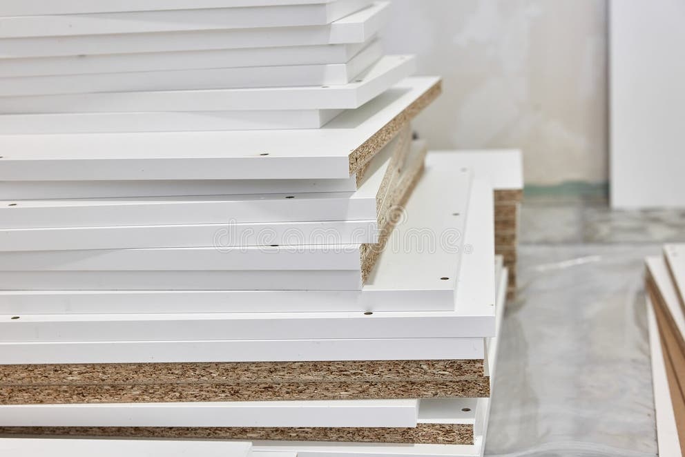 Stack of White MDF Panels Lie on Floor Stock Image - Image of furniture ...