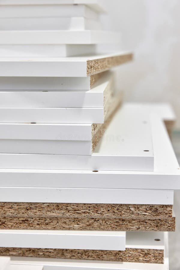 Stack of White MDF Panels Lie on Floor Stock Image - Image of furniture ...