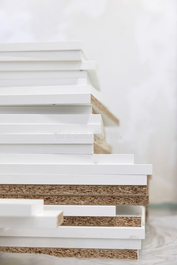 Stack of White MDF Panels Lie on Floor Stock Photo - Image of wooden ...