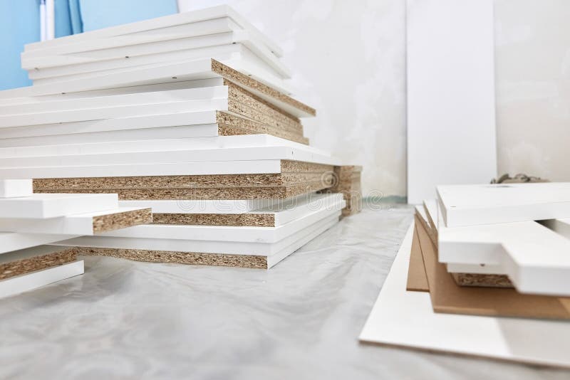 Stack of White MDF Panels Lie on Floor Stock Image - Image of furniture ...