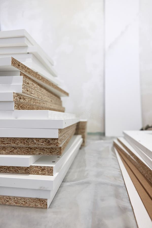Stack of White MDF Panels Lie on Floor Stock Image - Image of furniture ...