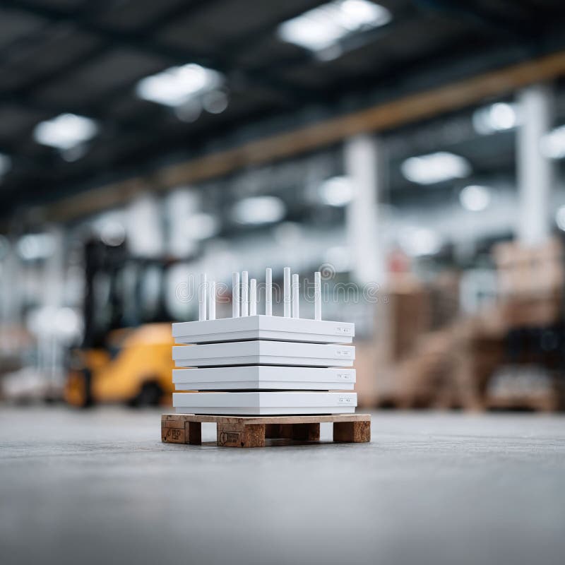 Stack of White Network Devices on a Pallet in a Factory, Depicting ...