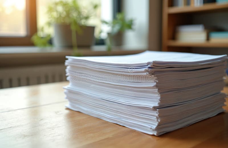 Stack of White Office Papers on Wooden Table, Sunlight through Window ...