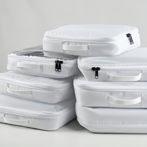 Stack of White Packing Cubes, Each with Two Zippers and a Handle. the Cubes are Stock ...