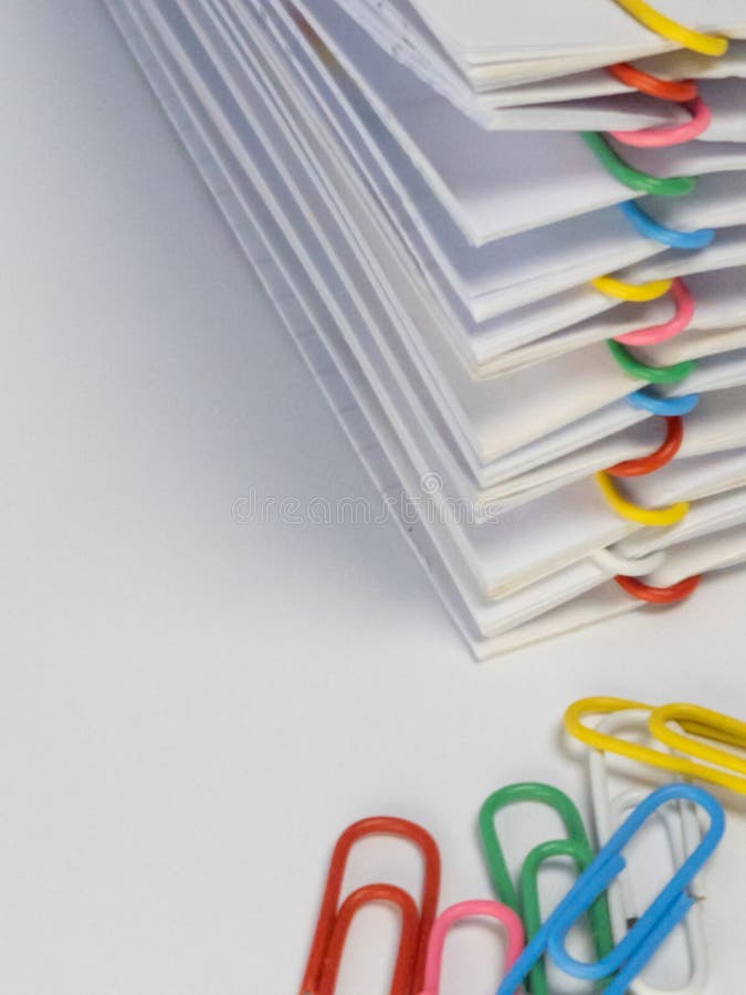 Stack White Paper Documents Held Together Colorful Paperclips Stock ...