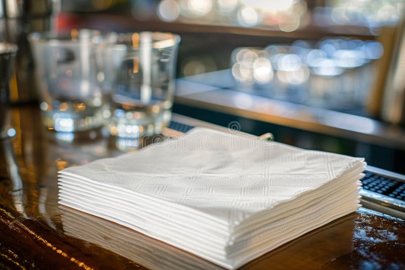 Stack of White Paper Napkins on a Bar Counter Next To Glasses Stock ...