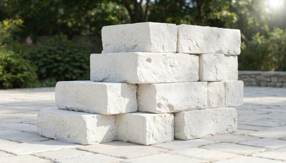 Stack of White Paving Stones on Patio. Sample Stone Bricks for Pathway ...