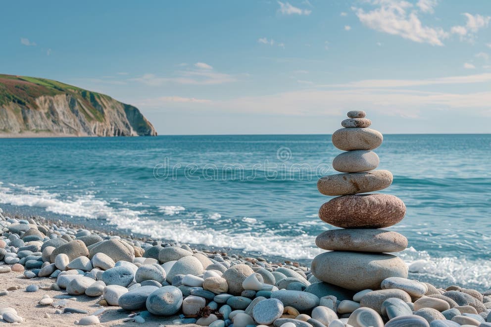 Stack of White Pebbles Balancing on the Beach Shore Stock Image - Image ...