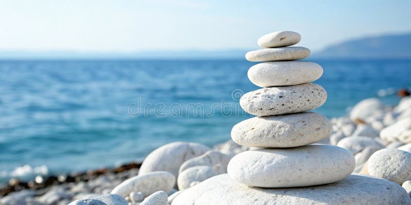 Stack of White Pebbles Stone Against Blue Sea Background Stock ...