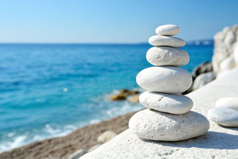 Stack of White Pebbles Stone Against Blue Sea Background Stock ...