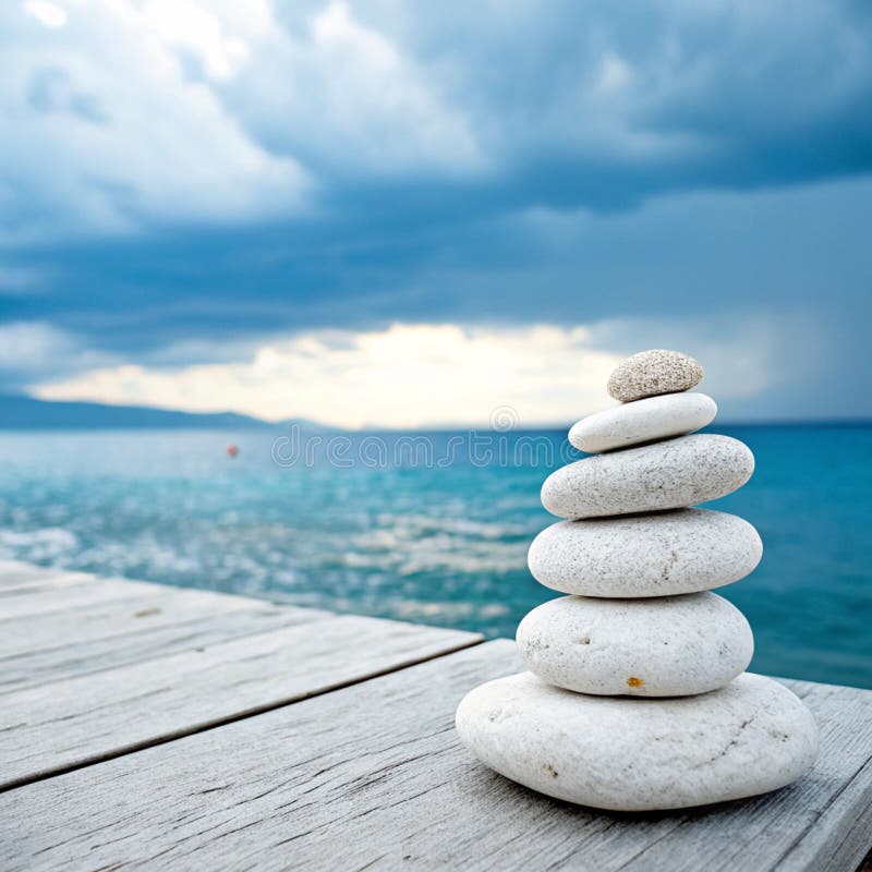 Stack of White Pebbles Stone Against Blue Sea Background Stock ...