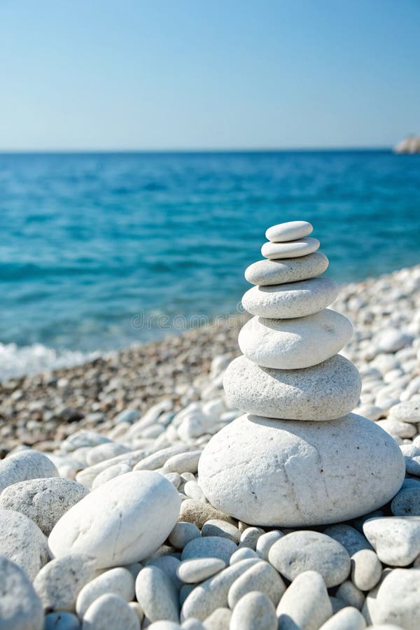 Stack of White Pebbles Stone Against Blue Sea Background Stock ...