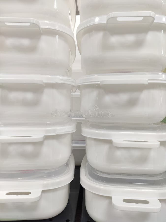 Stack of White Plastic Rectangular Food Storage Containers with Lids ...