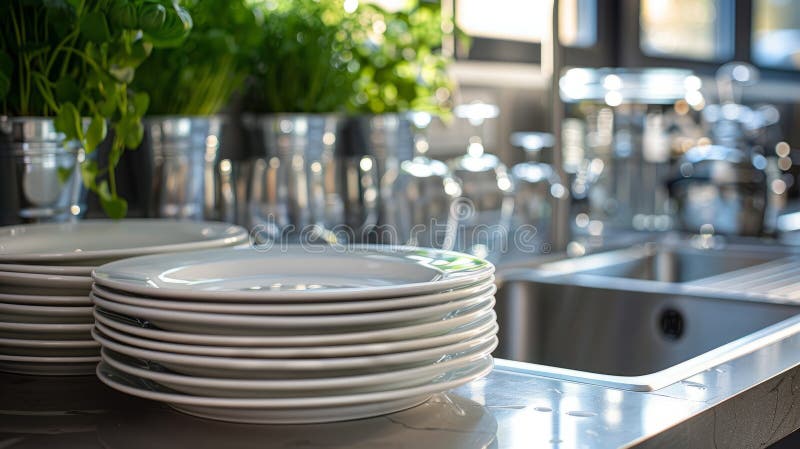 Stack of White Plates in a Commercial Kitchen. Stock Photo - Image of ...