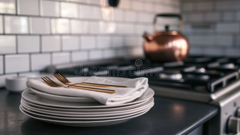 Stack of White Plates with Golden Utensils on Kitchen Counter in Cozy ...