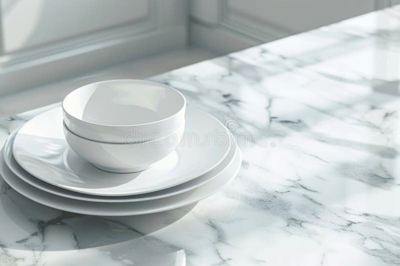 A Stack of White Plates on a Marble Table. Perfect for Kitchen or ...