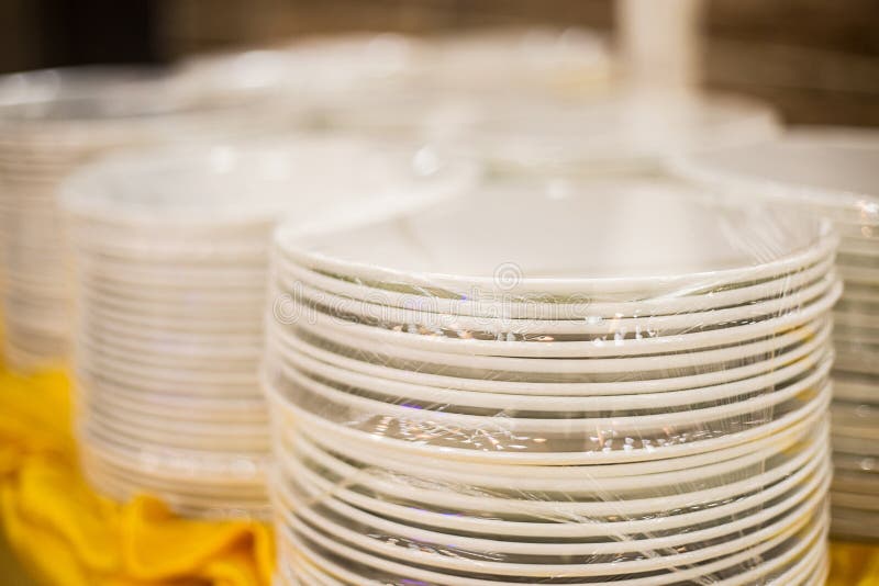 Stack of White Plates Packed on Table, Background Stock Image - Image ...