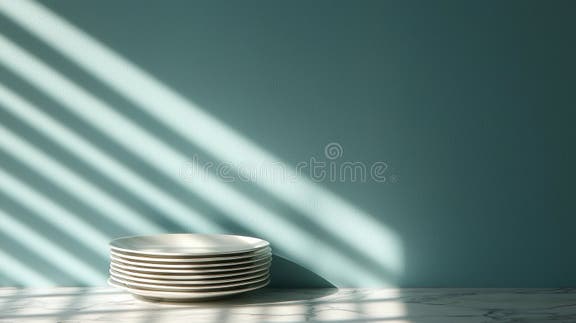 A Stack of White Plates Sits on a Marble Countertop, with a Teal Wall ...
