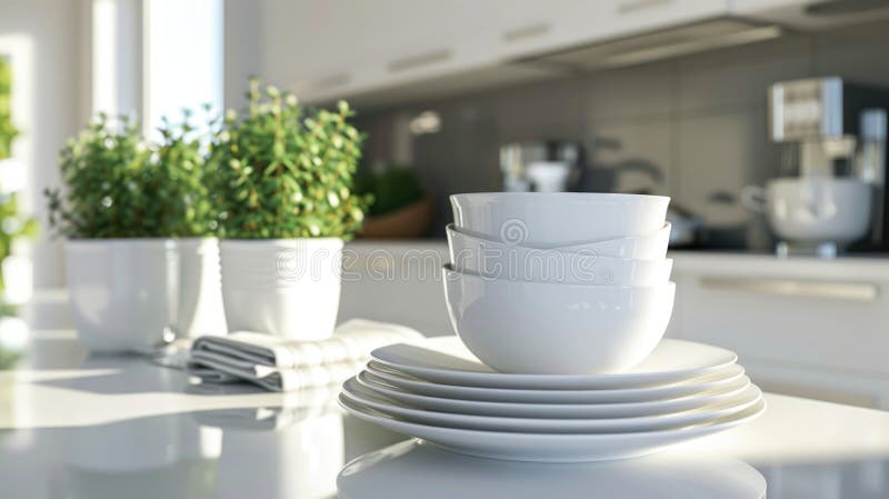 Stack White Plates Sitting Kitchen Counter Stock Photos - Free ...