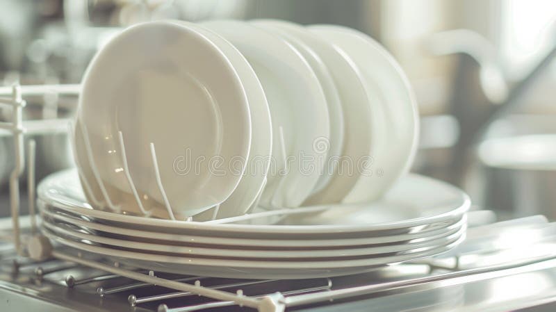 A Stack of White Plates Sitting on Top of a Dishwasher, AI Stock Image ...