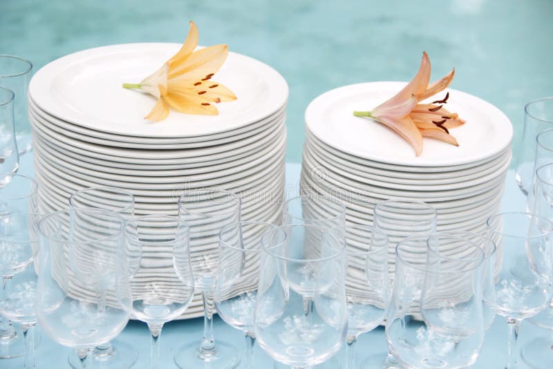 Stack of White Plates and Wine Glasses Stock Image - Image of empty ...