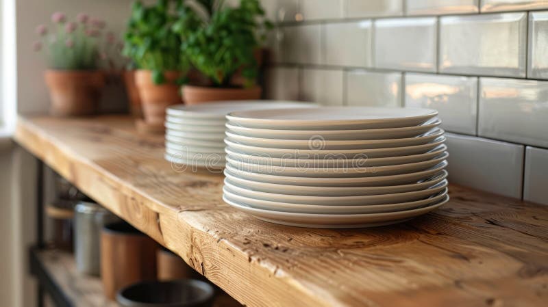 Stack of White Plates on Wooden Kitchen Counter Stock Photo - Image of ...
