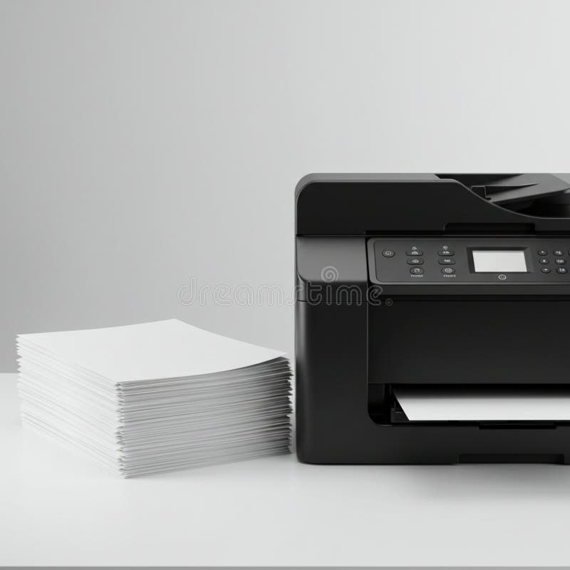 Stack of White Printer Paper Next To a Black Multifunction Printer ...