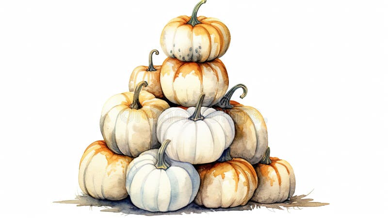 Stack of White Pumpkin Watercolor Painting Isolated in White Background ...